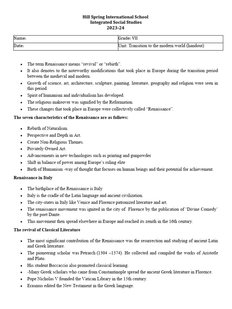 Renaissance Handout | PDF | Renaissance | Humanism