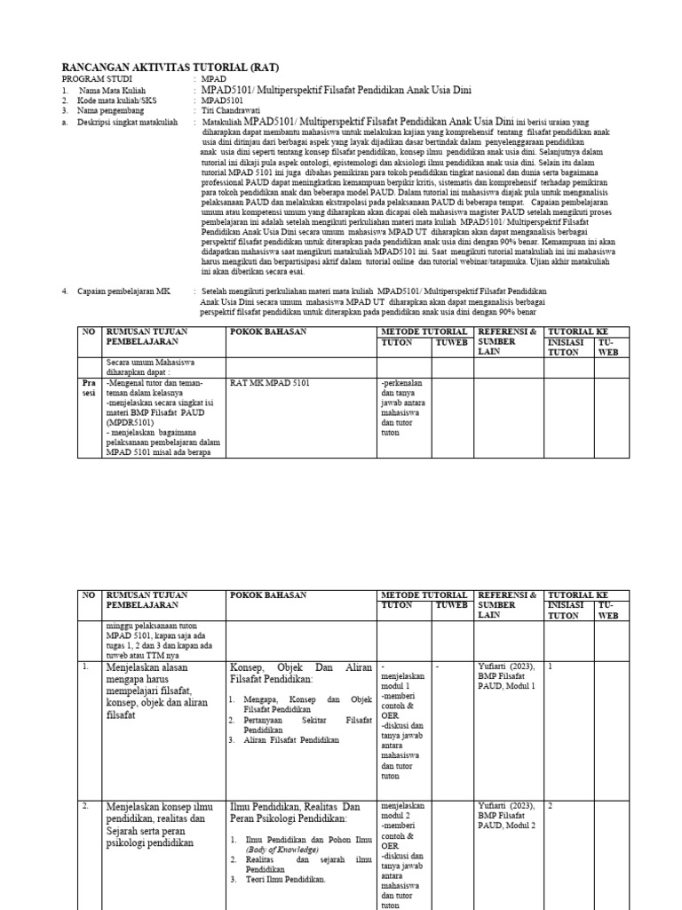 Rancangan Aktivitas Tutorial Filsafat Paud A | PDF