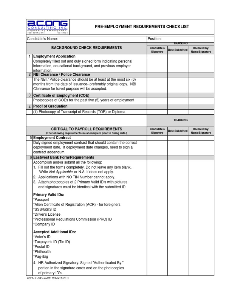ACO-HF-04 Pre-Employment Requirements Checklist Rev 01 | PDF | Identity ...
