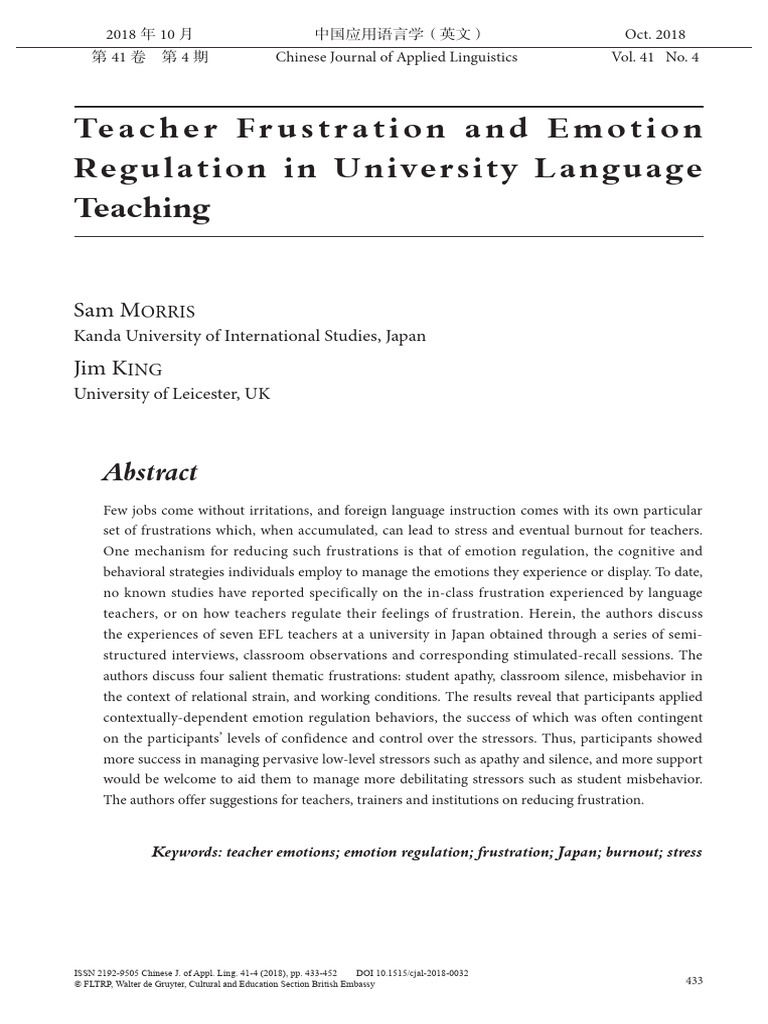 Teacher Frustration and Emotion Regulation in University Language ...