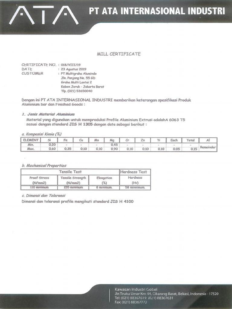 SURAT KET. MILL SHEET ATA | PDF