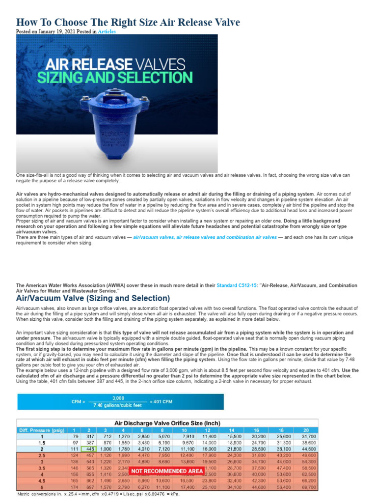 air valve selection | PDF | Pipe (Fluid Conveyance) | Valve