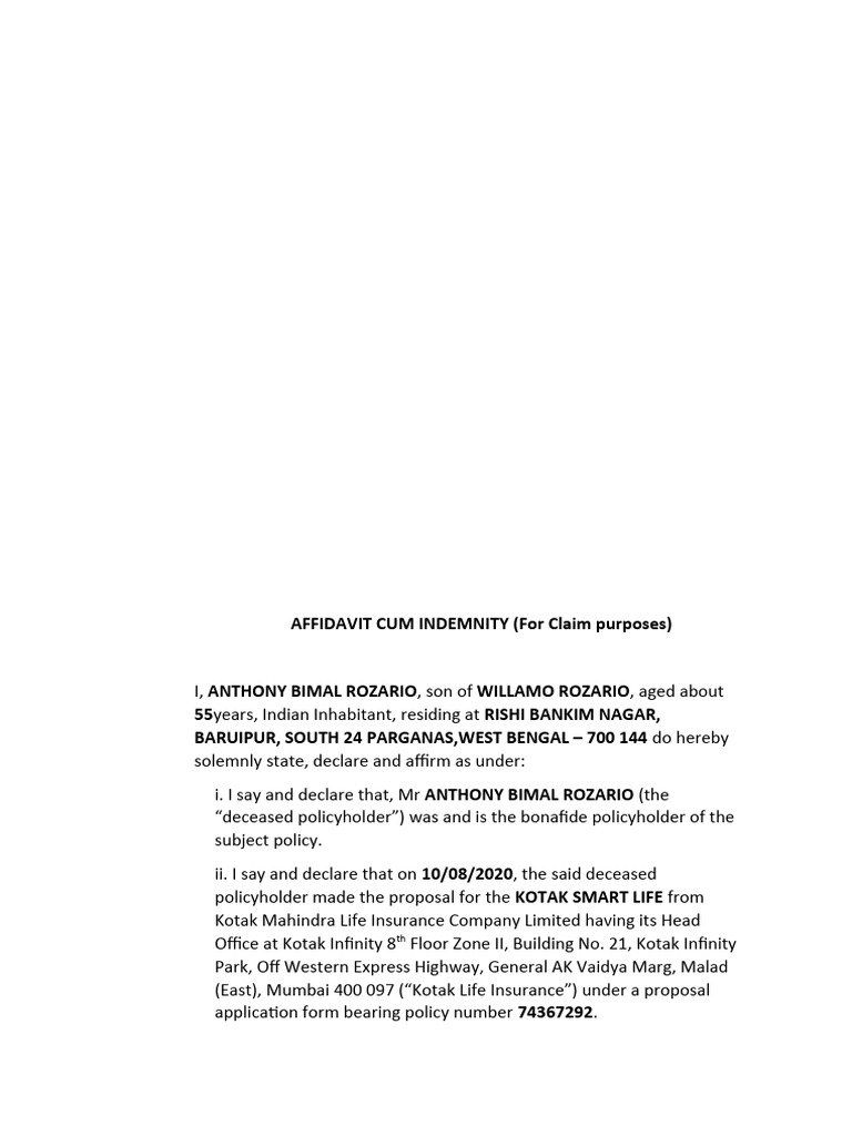 Affidavit Cum Indemnity Kotak Insurance Death Claim | PDF | Indemnity ...