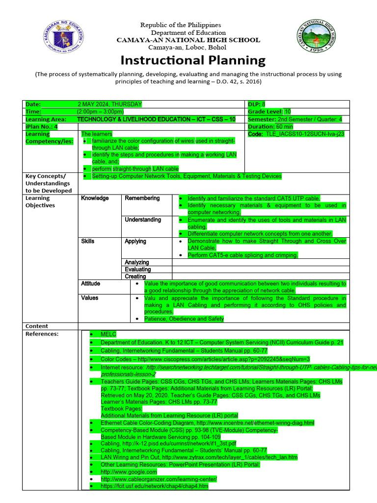 Grade 10 LAN Cabling Lesson Plan | PDF | Educational Technology | Learning