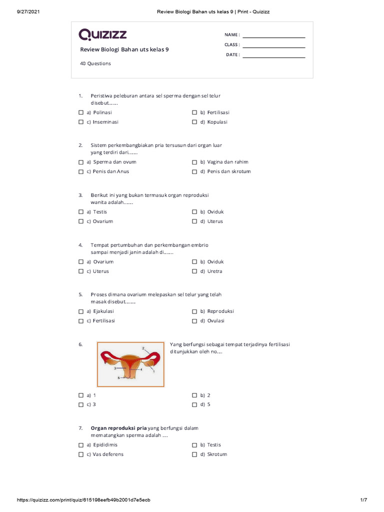 Review Biologi Bahan Uts Kelas 9 - Print - Quizizz | PDF