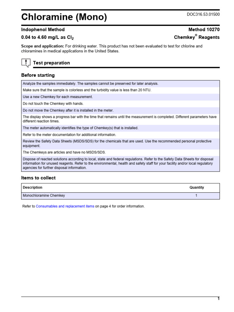 HACH - User Manual Chemkey Chloramine | PDF | Magnesium | Ammonia
