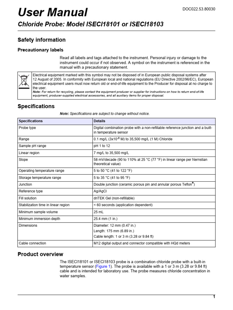 HACH - User Manual Chloride Probe | PDF | Calibration | Parts Per Notation