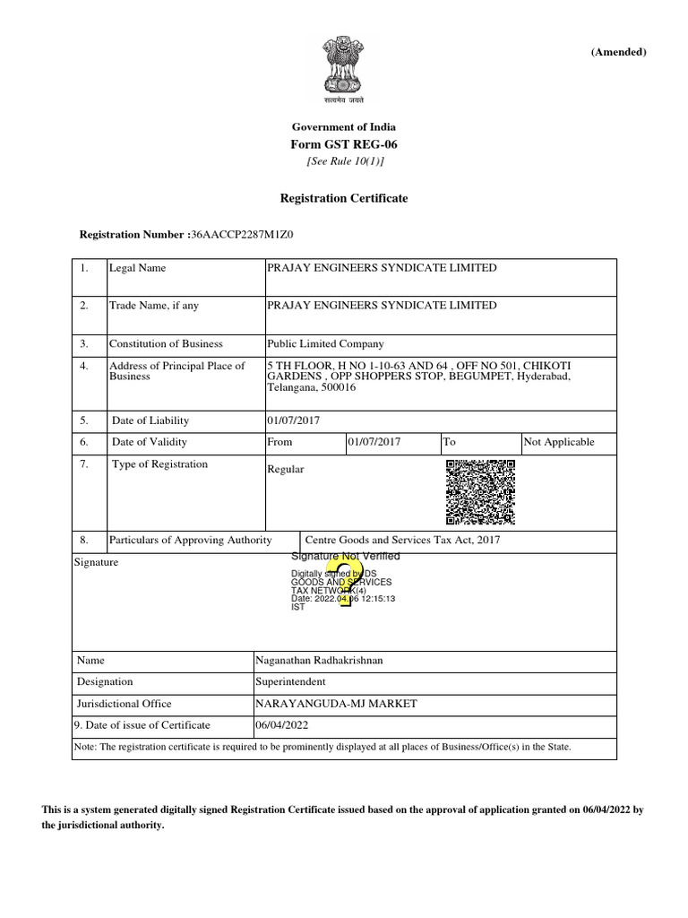 GST Registration Certificate for Prajay Engineers | PDF | Government