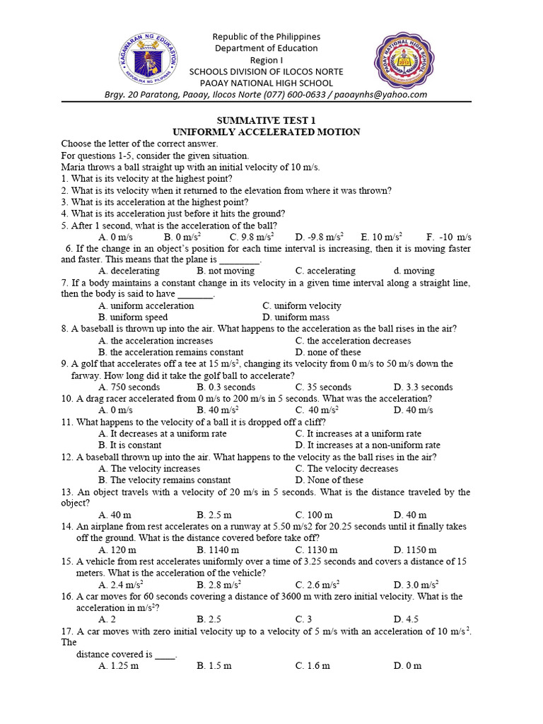Summative Test 1 | PDF | Acceleration | Velocity