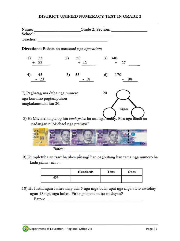 District Numeracy Test Grade 2 | PDF
