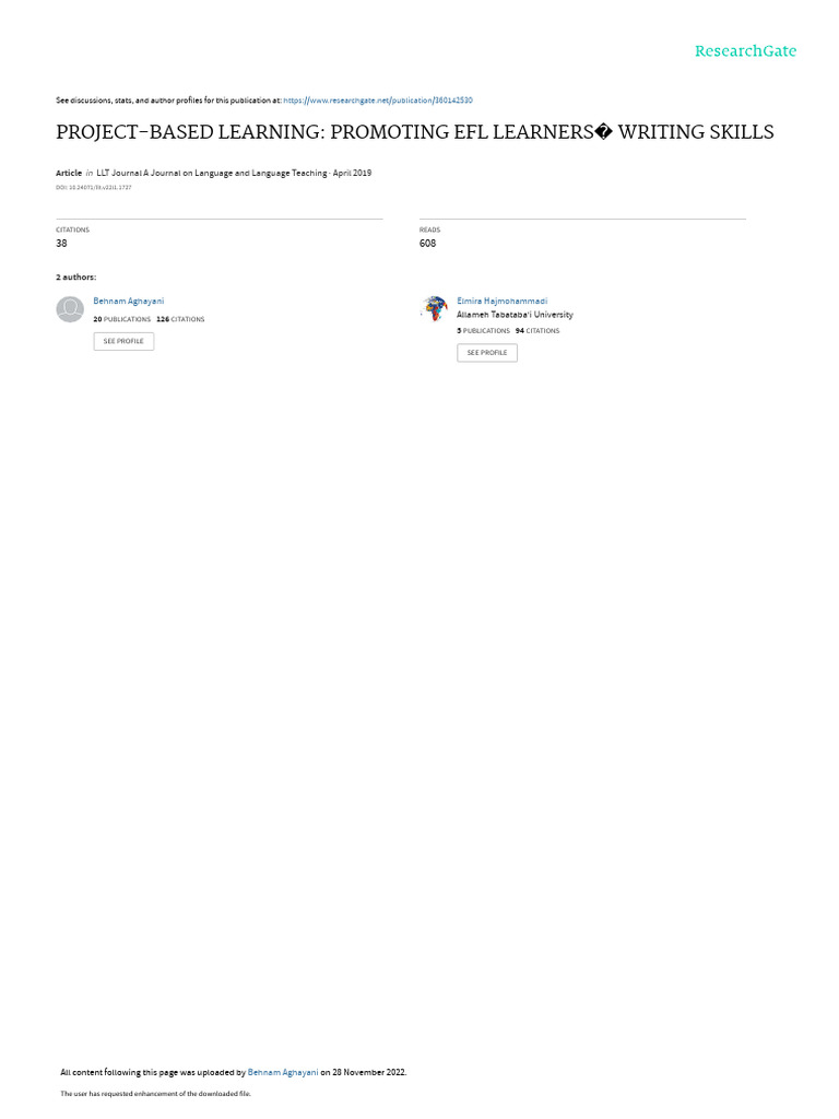 PROJECT-BASED_LEARNING_PROMOTING_EFL_LEARNERS_WRIT | PDF | Learning | English As A Second Or ...