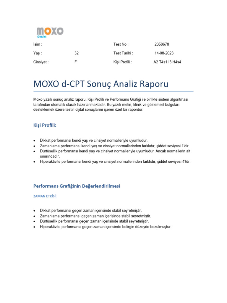 MOXO D-CPT Sonuç Analiz Raporu: Kişi Profili | PDF