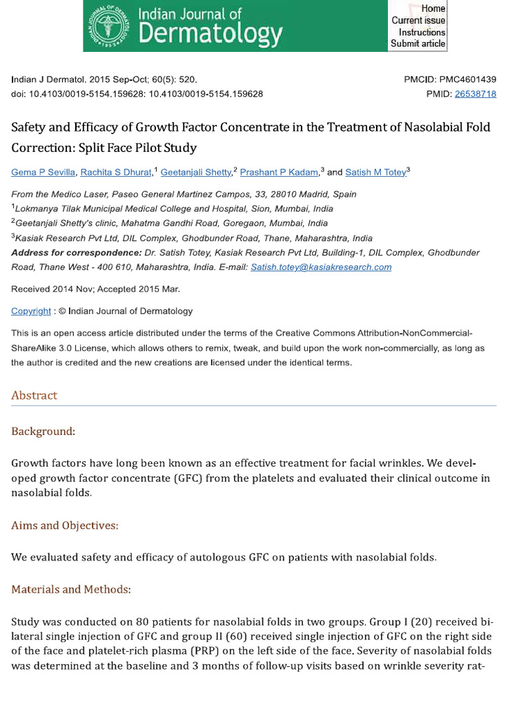 PRP VS PRGF (GFC) in Nasolabial Fold Correction - Derma | PDF