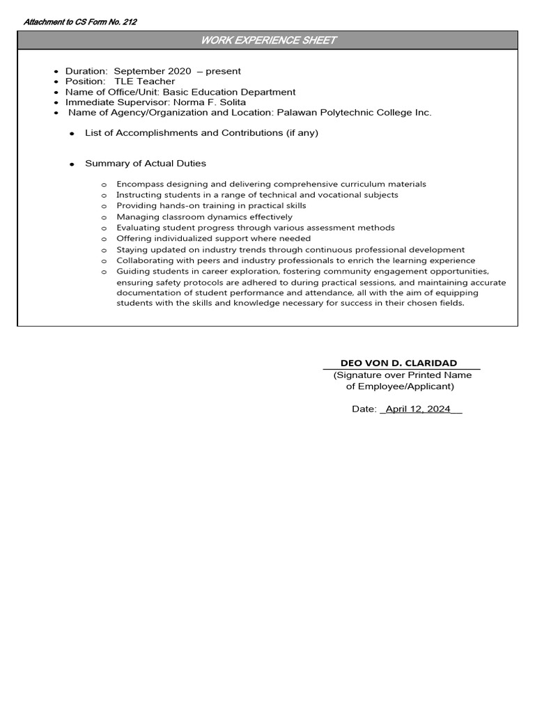 Work Experience Sheet: Attachment To CS Form No. 212 | PDF