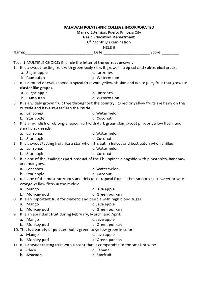 hele 6 (6th monthly exam) | PDF | Fruit | Mango