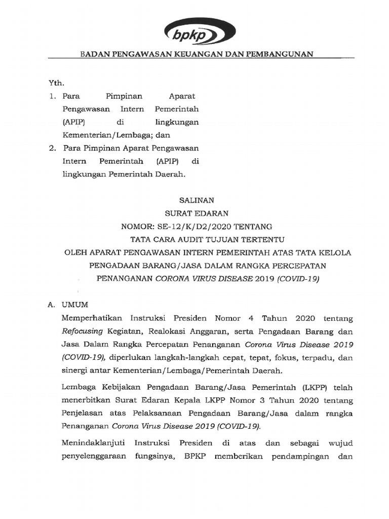 Surat Edaran Tahun 2020 SE 012 2020 | PDF