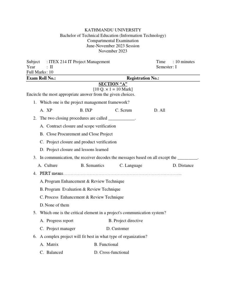 ITEX 214 IT Project Management 2023 (Previous Year Question Paper ...
