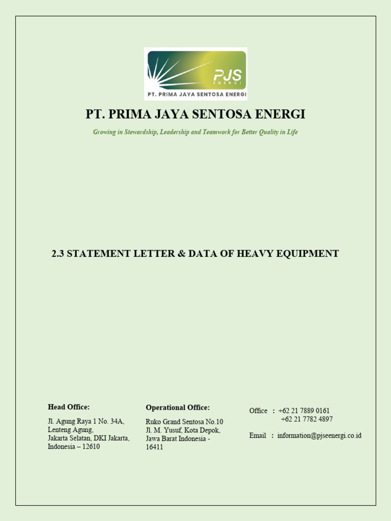 Heavy Equipment Statement & Data | PDF