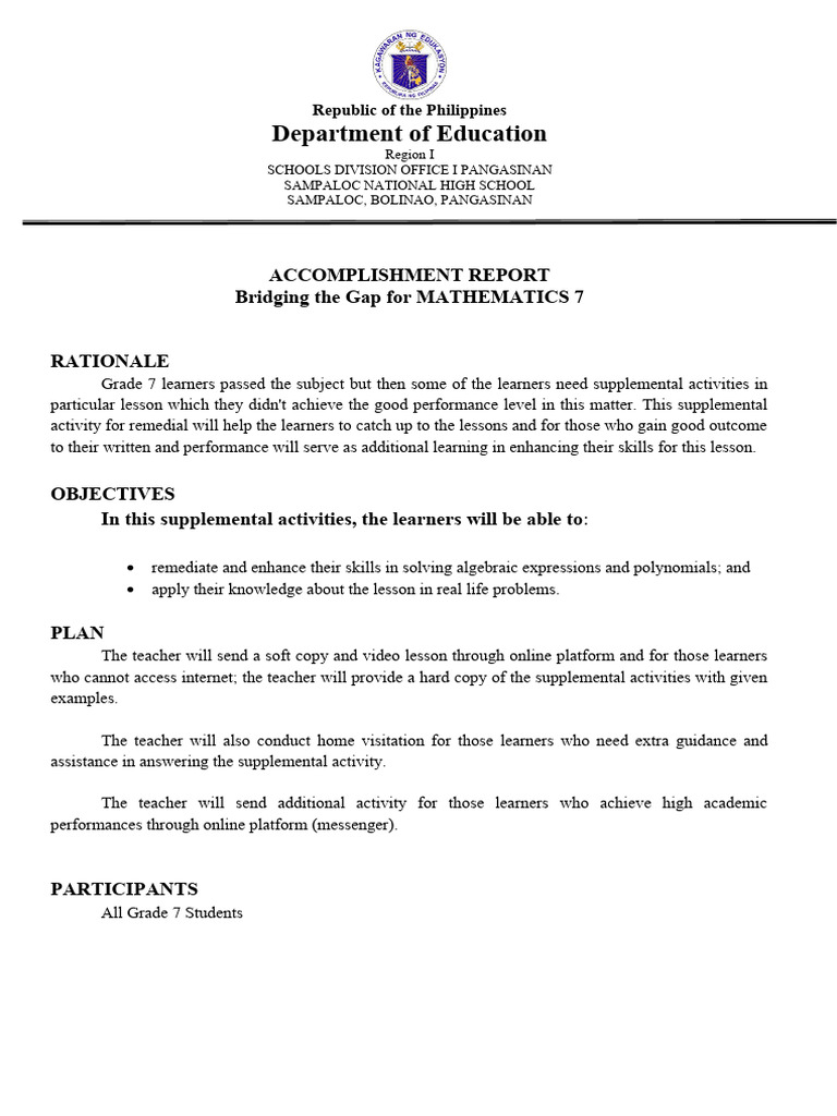 Grade 7 Math Remedial Activities Report | PDF | Equations | Polynomial