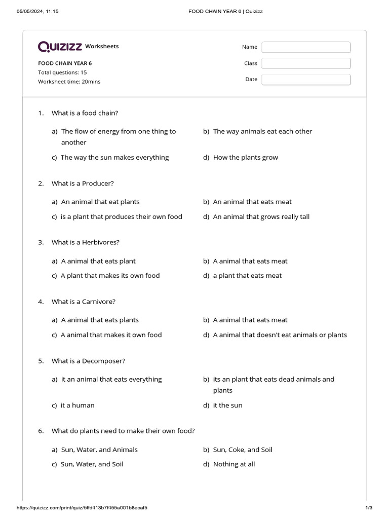Food Chain Worksheet for Year 6 | PDF | Foods | Plants