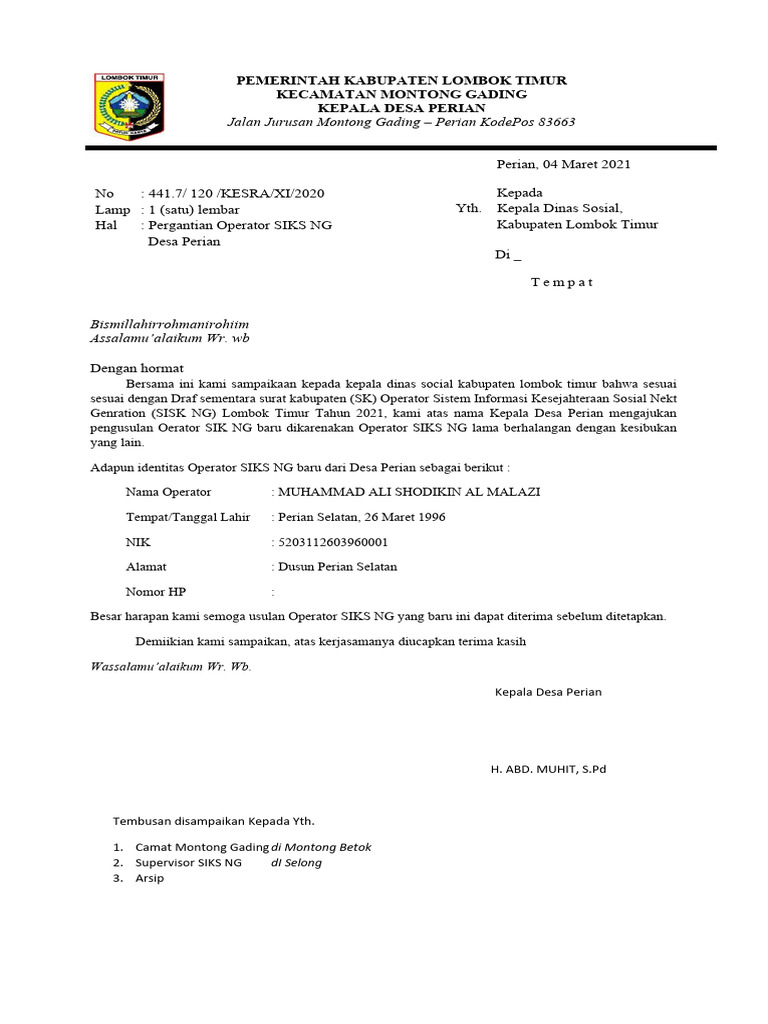 Surat Pergantian Operator | PDF