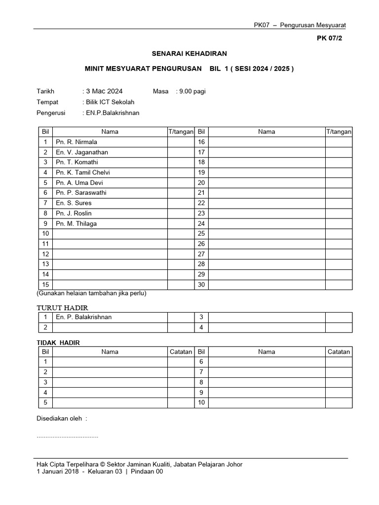 Borang PK 07 2 SENARAI KEHADIRAN MESYUARAT 2024 | PDF