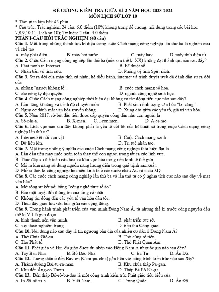 Đề Cương Lịch Sử- Gk2-10 - Nh 2023- 2024 | PDF