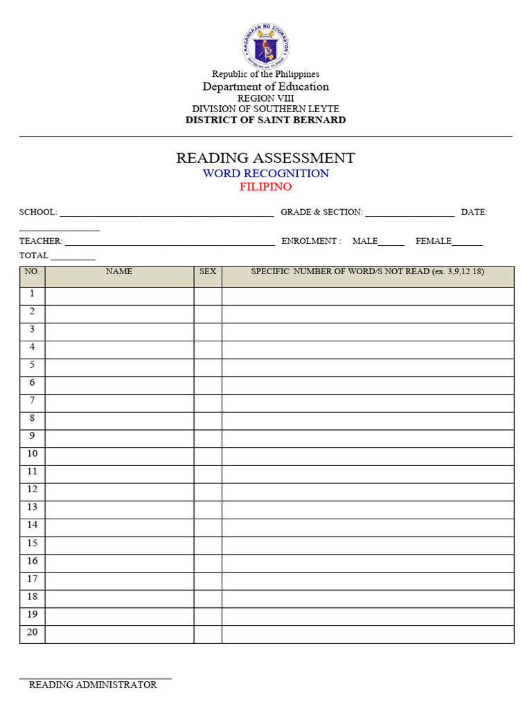 Filipino Reading Assessment Template | PDF
