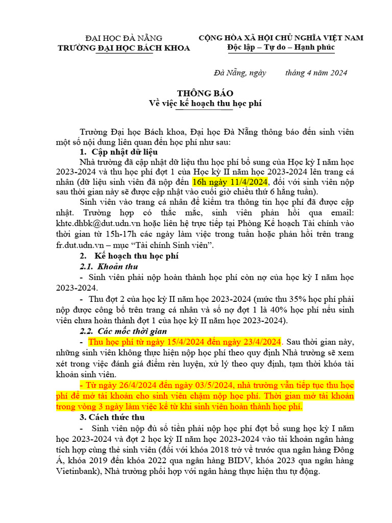 Thong Bao Thu Hoc Phi T4.2024 | PDF