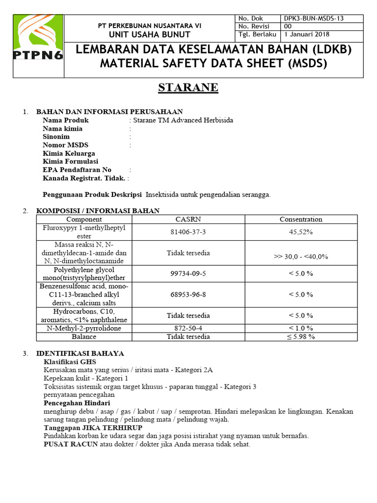 Lembar Data Keselamatan Starane | PDF