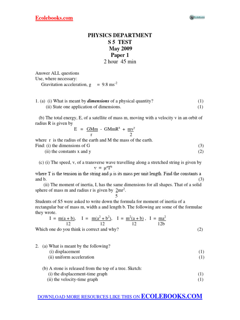 Physics Revision Paper S5 May 2009 | PDF | Acceleration | Temperature