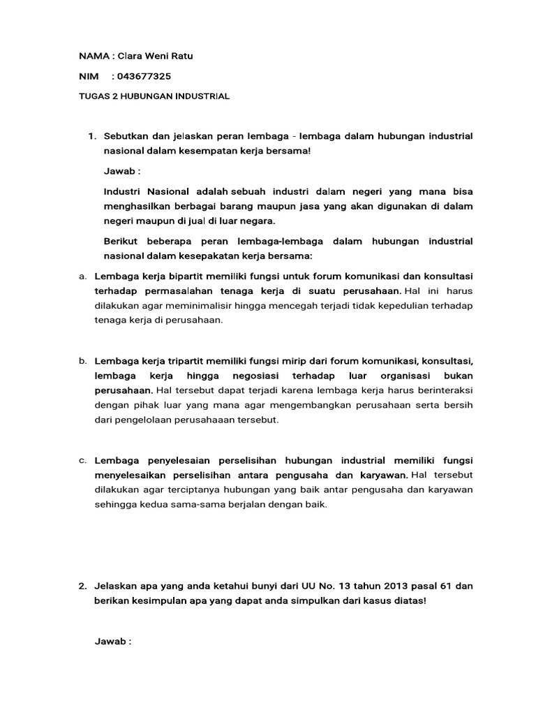 Clara Weni Ratu Tugas 2 - Hubungan Industrial | PDF | Karier & Perkembangan