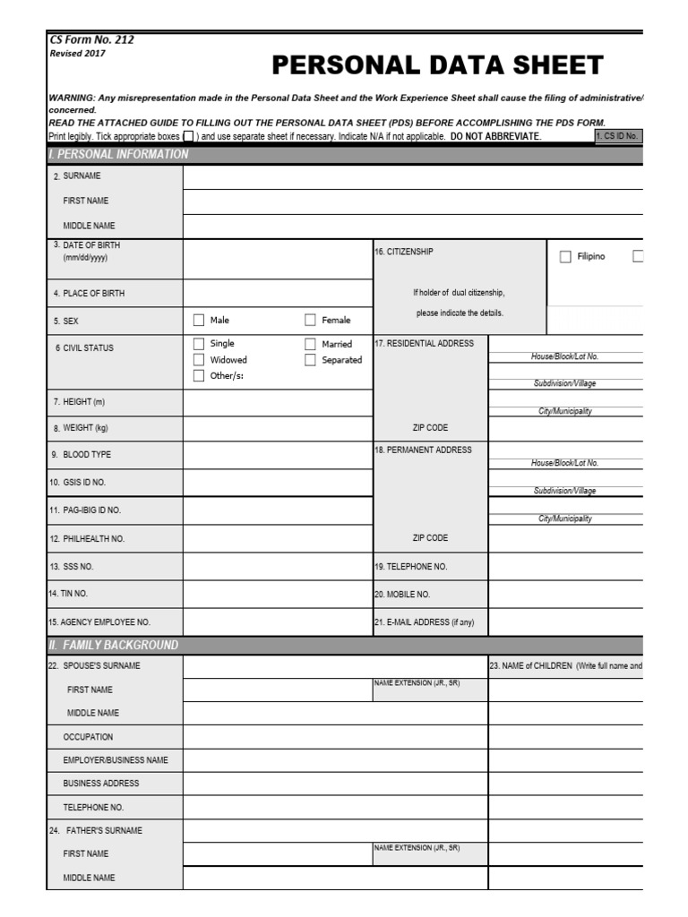 CS Form No. 212 Personal Data Sheet Revised | PDF