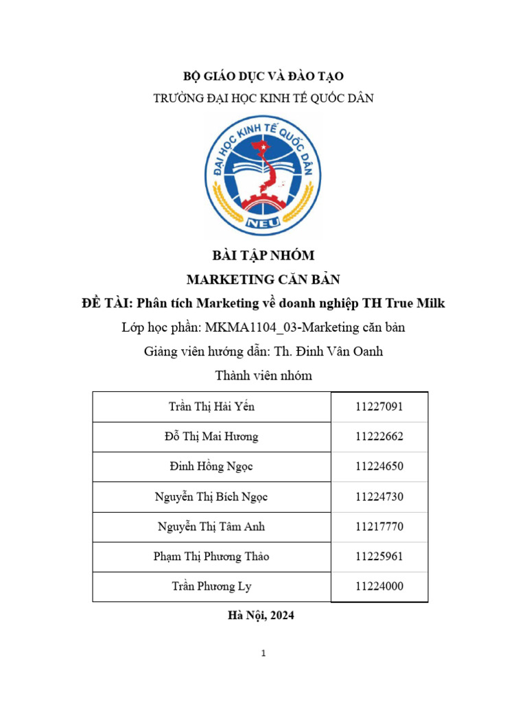 Bài Tập Lớn Marketing TH True Milk | PDF