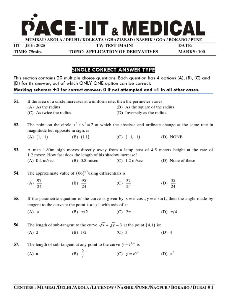 Application of Derivatives (Question Paper) JEE Level | PDF | Area ...