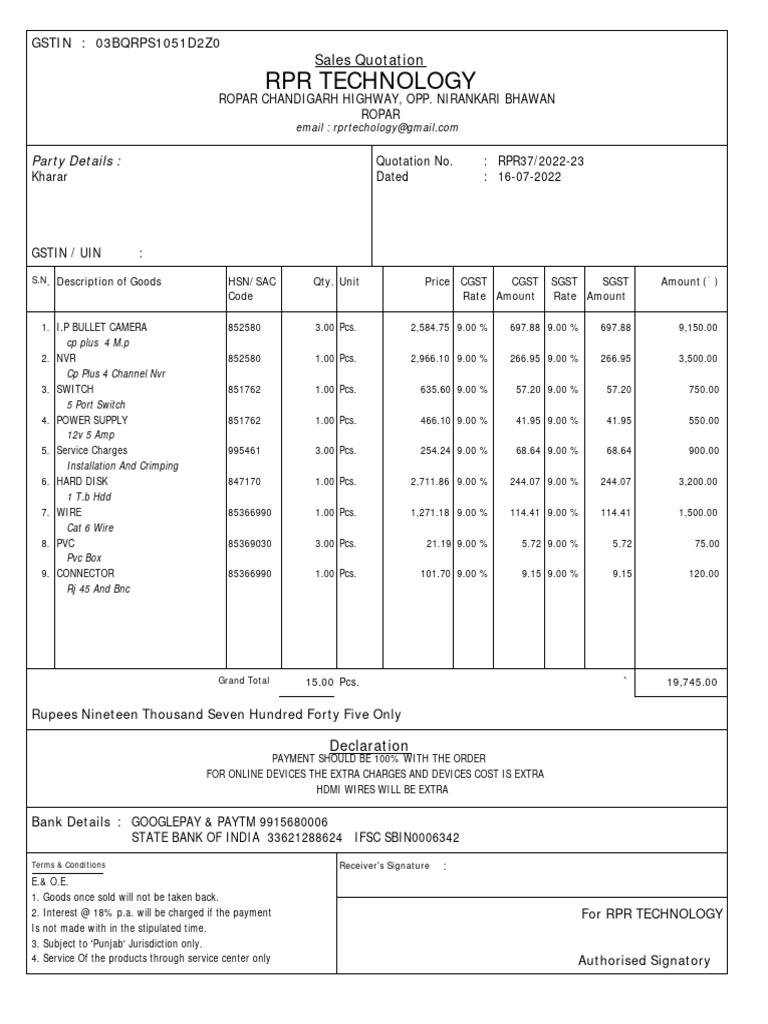 RPR Technology Sales Quotation | PDF | Electrical Engineering | Electronics