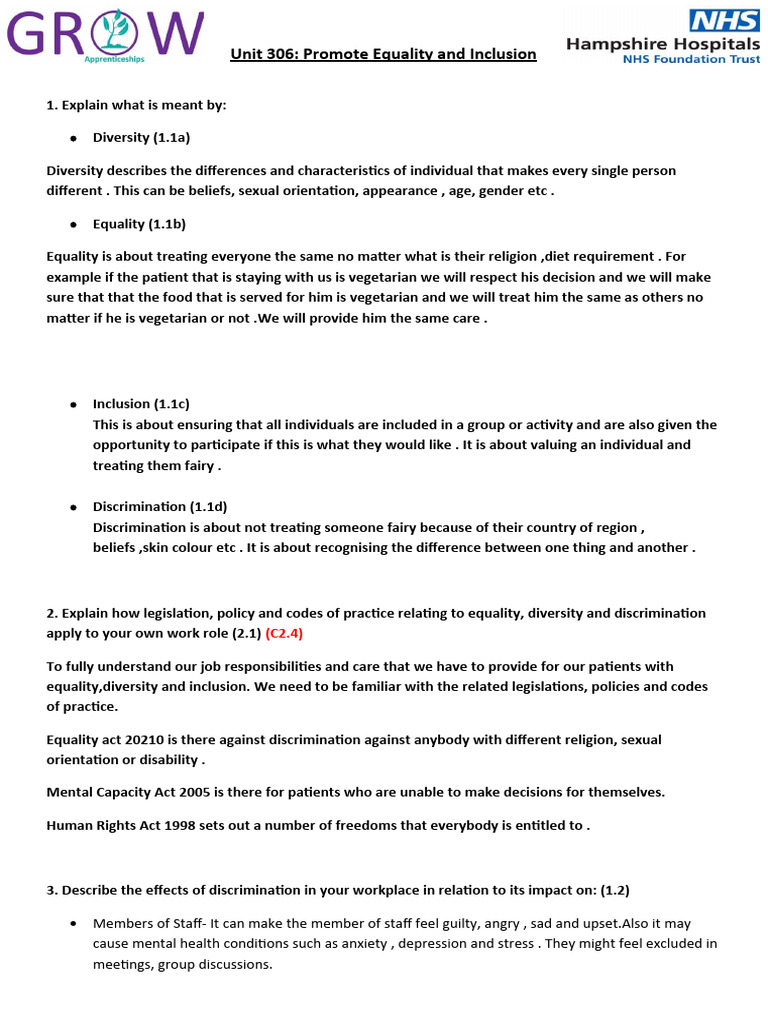Unit 306 Promote Equality and Inclusion Assignment | PDF | Social ...