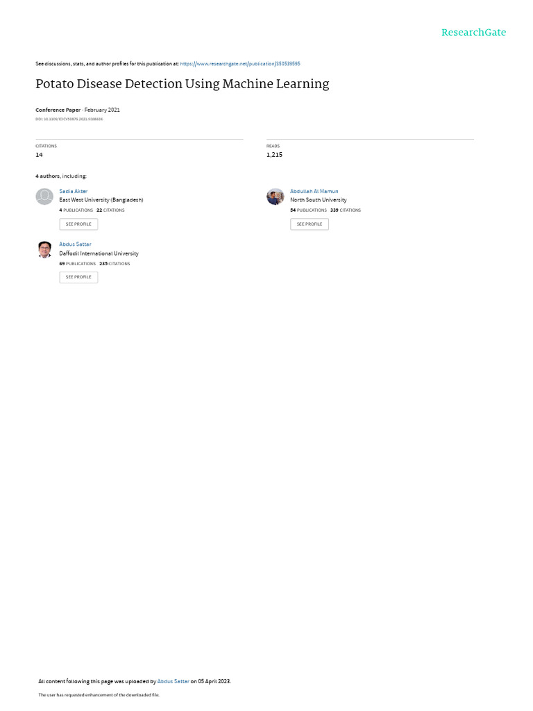 Potato Disease Detection Using Machine Learning: February 2021 | PDF