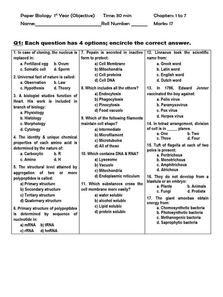1st Year Biology Exam Paper Guide | PDF | Cell (Biology) | Bacteria