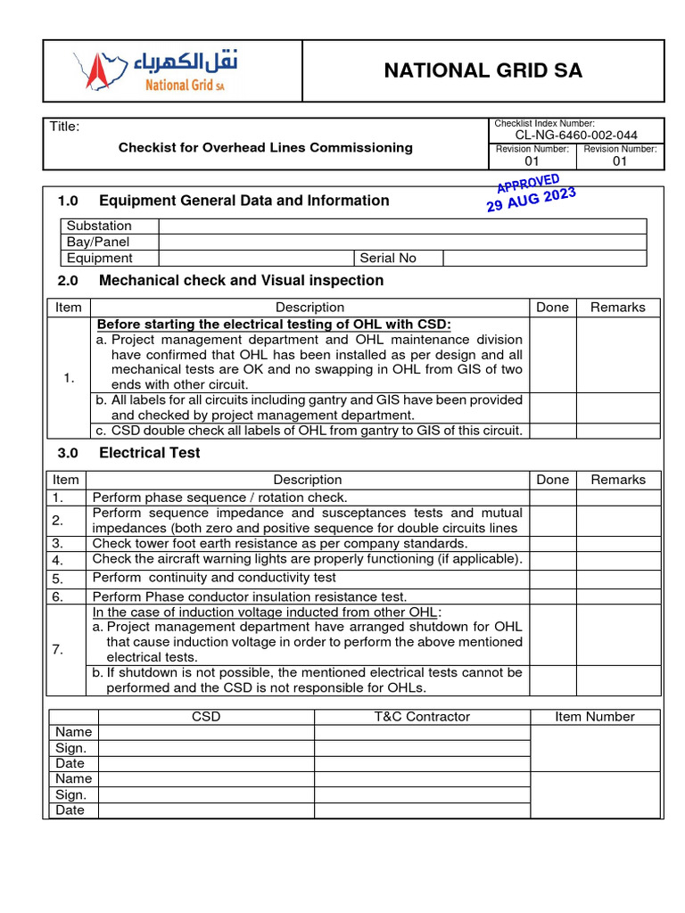 CL-NG-6460-002-044 Checklist For Overhead Lines Commissioning Rev01 | PDF CL-NG-6460-002-044 Checklist For Overhead Lines Commissioning Rev01 | PDF