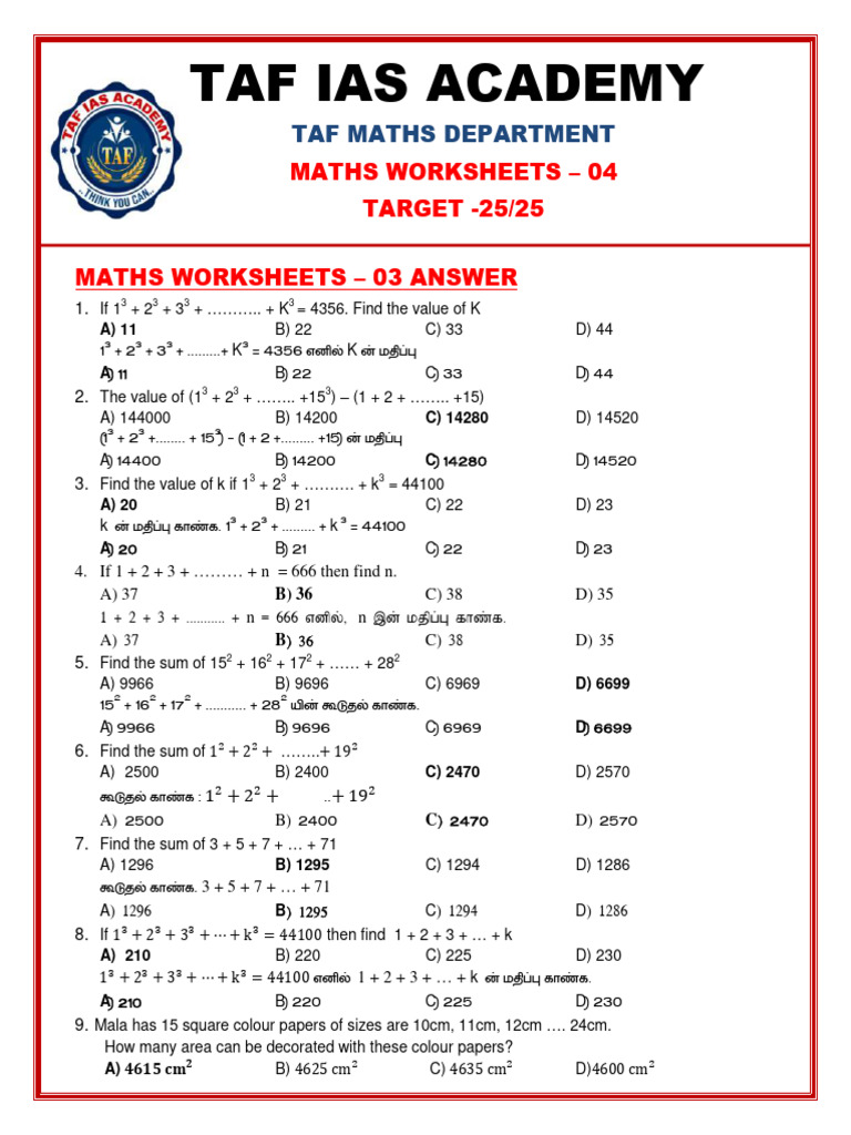 Taf Maths Worksheets - Day - 04 | PDF | Mathematics