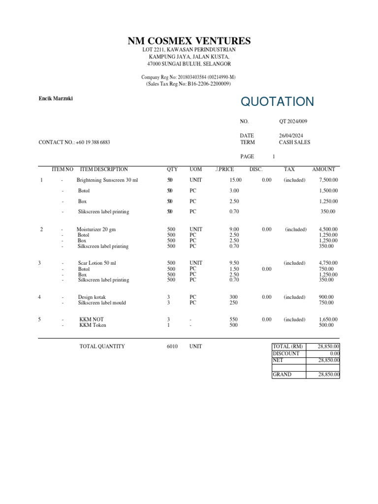 NM Cosmex Ventures Quotation QT 2024/009 | PDF