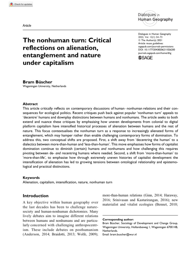 Buscher 2021 The Nonhuman Turn Critical Reflections On Alienation ...