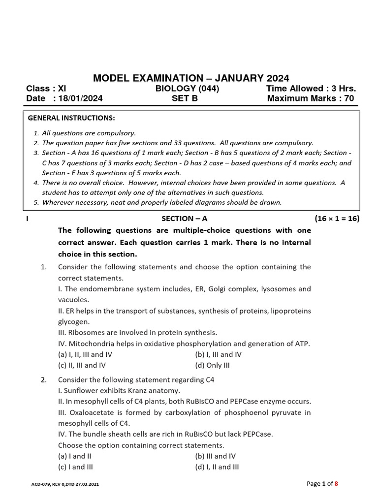 G11 Biology Model Exam Qp-Jan - Set B | PDF | Meiosis | Cell Biology