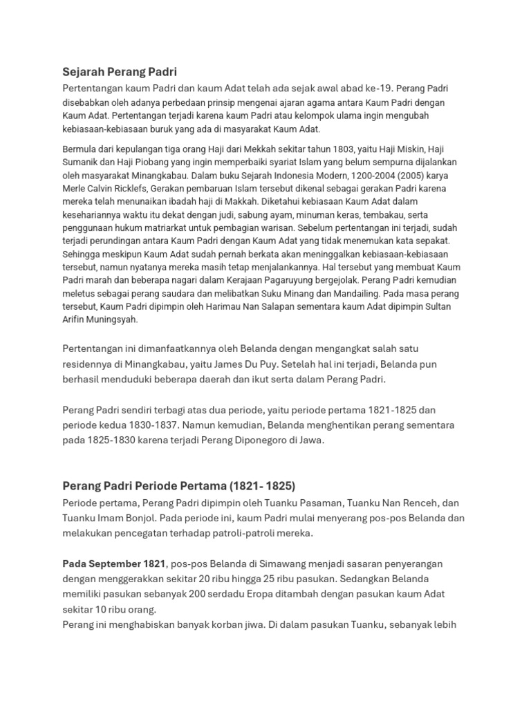 Sejarah Perang PadriPertentangan Kaum Padri Dan Kaum Adat Te | PDF