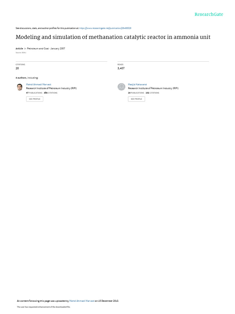 Modeling and Simulation of Methanation Catalytic R | PDF | Chemical Reactor | Catalysis
