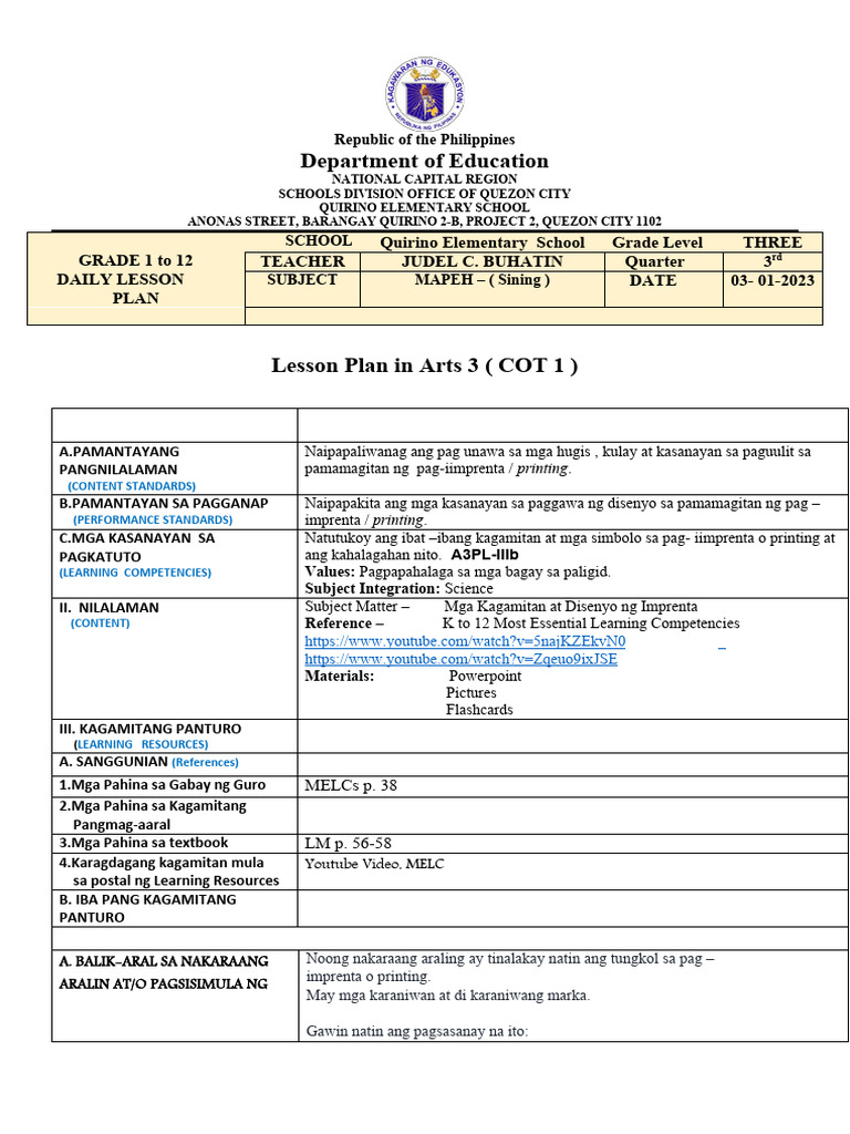 MAPEH-ARTS-3-COT-1-Lesson-Plan-JUDEL-B.-SY-22-23 | PDF