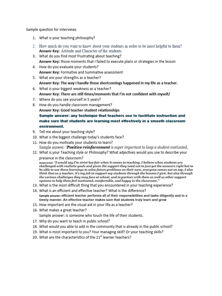 Interview Sample Questions | Download Free PDF | Teachers | Human ...