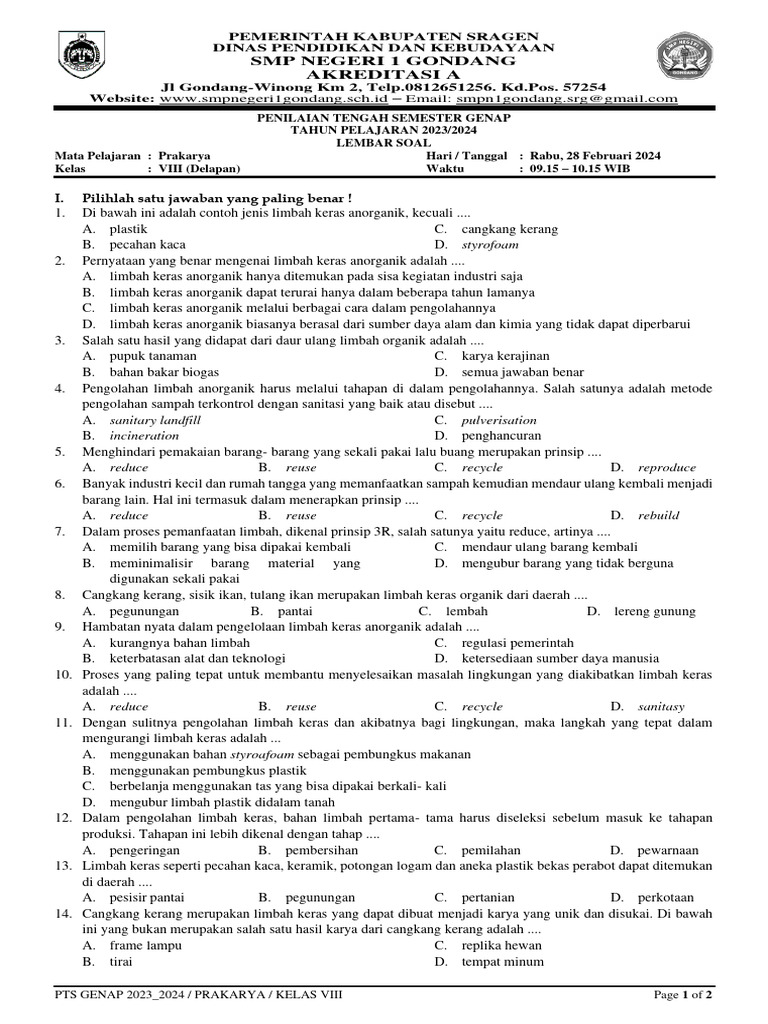Soal PTS Genap Prakarya Kelas 8 - 2023 - 2024 | PDF | Sains & Matematika