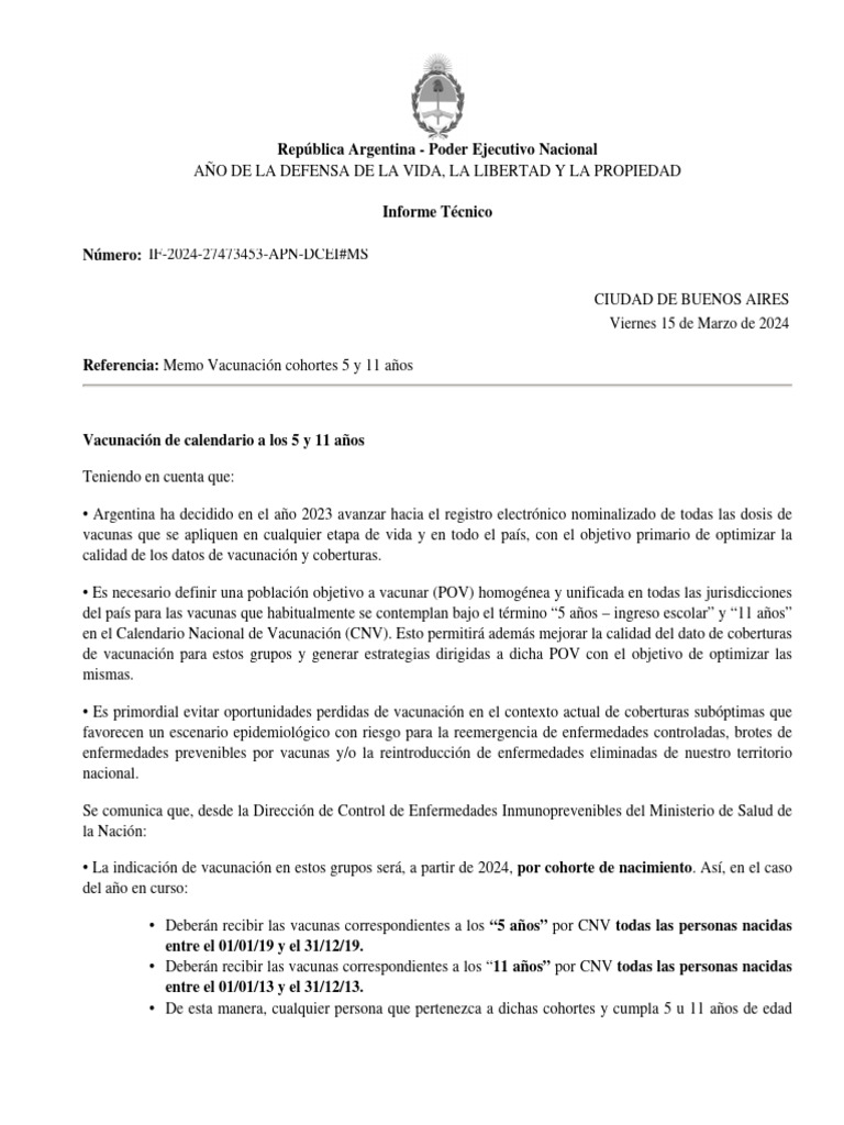 Memo Vacunación Cohortes 5 y 11 Años DCEI#MS | PDF | Vacunación | Medicina
